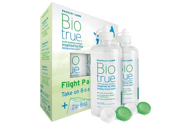 Reisverpakking lenzenvloeistof voor het vliegen. Biotrue flightpack ...
