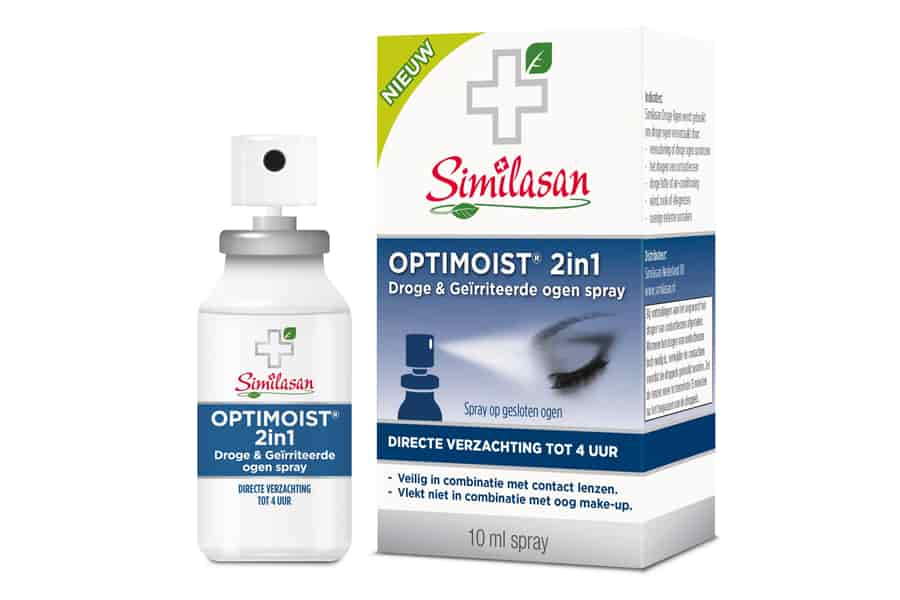 Oogspray Similasan Optimoist helpt bij vermoeide ogen.